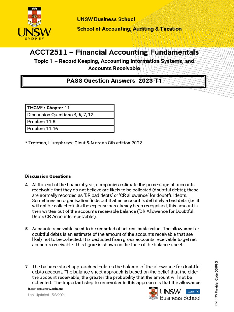 ACCT2511 Topic 1 PASS Question Answers 2023 T1 | PDF | Bad Debt | Money