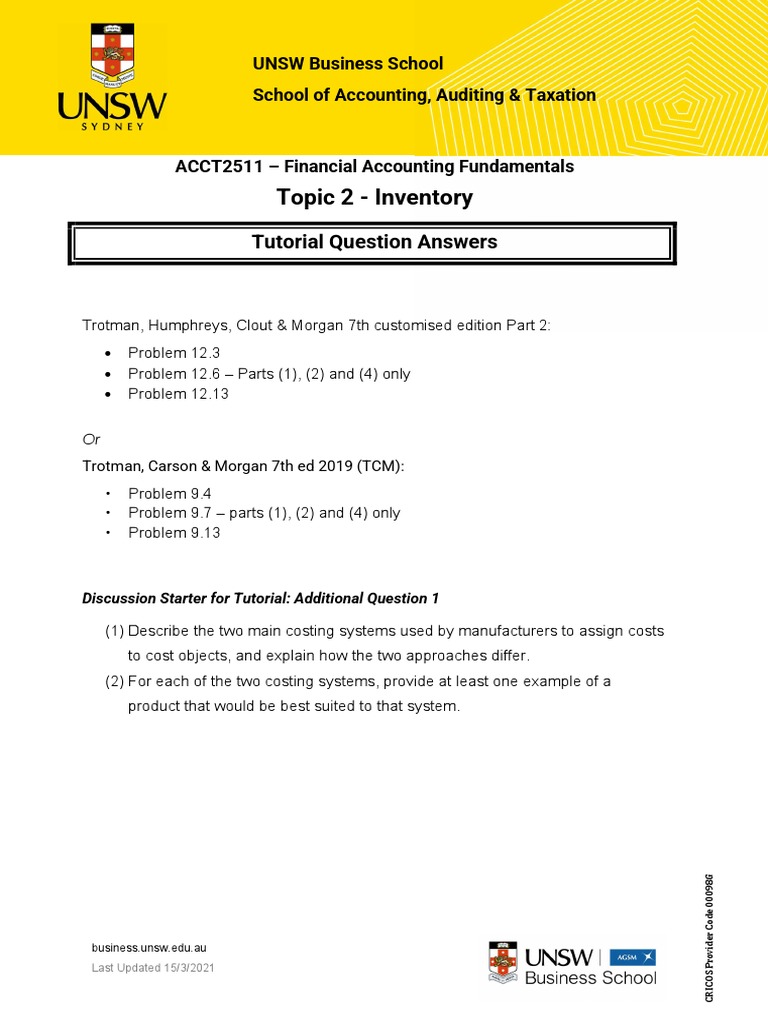 ACCT2511 Topic 2 Tutorial Solutions STUDENT | PDF | Cost Of Goods Sold ...