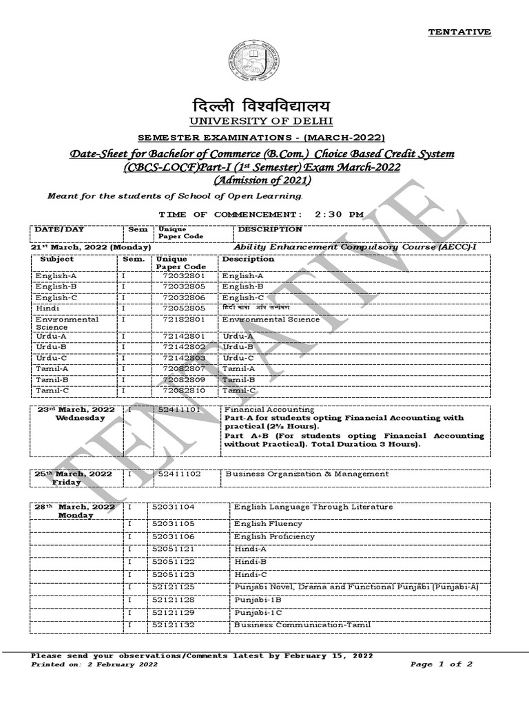 Date Sheet Format | PDF