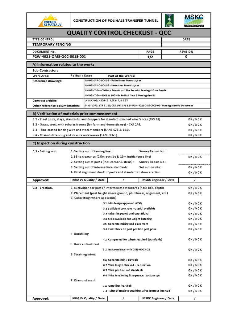 Quality Control Checklist - Temporary Fencing | PDF | Concrete