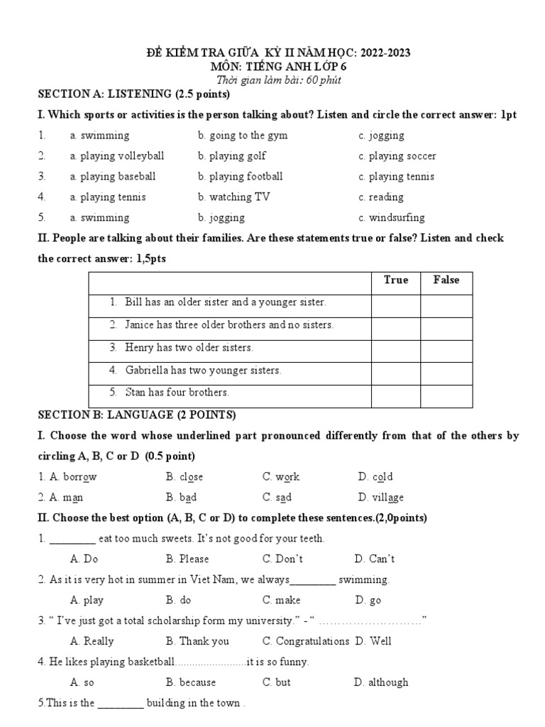 ĐỀ KiỂm Tra GiỮa KÌ 2 Anh 6 ChÍnh ThỨc Pdf