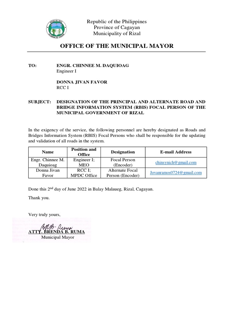 Focal Person Letter | PDF