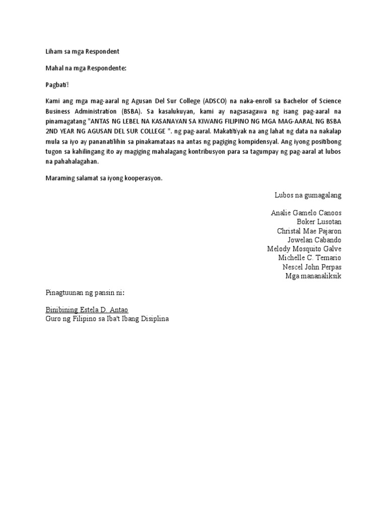 Liham Sa Mga Respondent | PDF