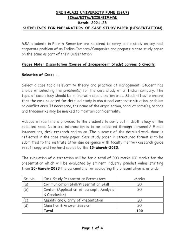 Guidelines For Preparation of Case Study (Dissertation) Batch - 2021-23 ... Guidelines For Preparation of Case Study (Dissertation) Batch - 2021-23 ...