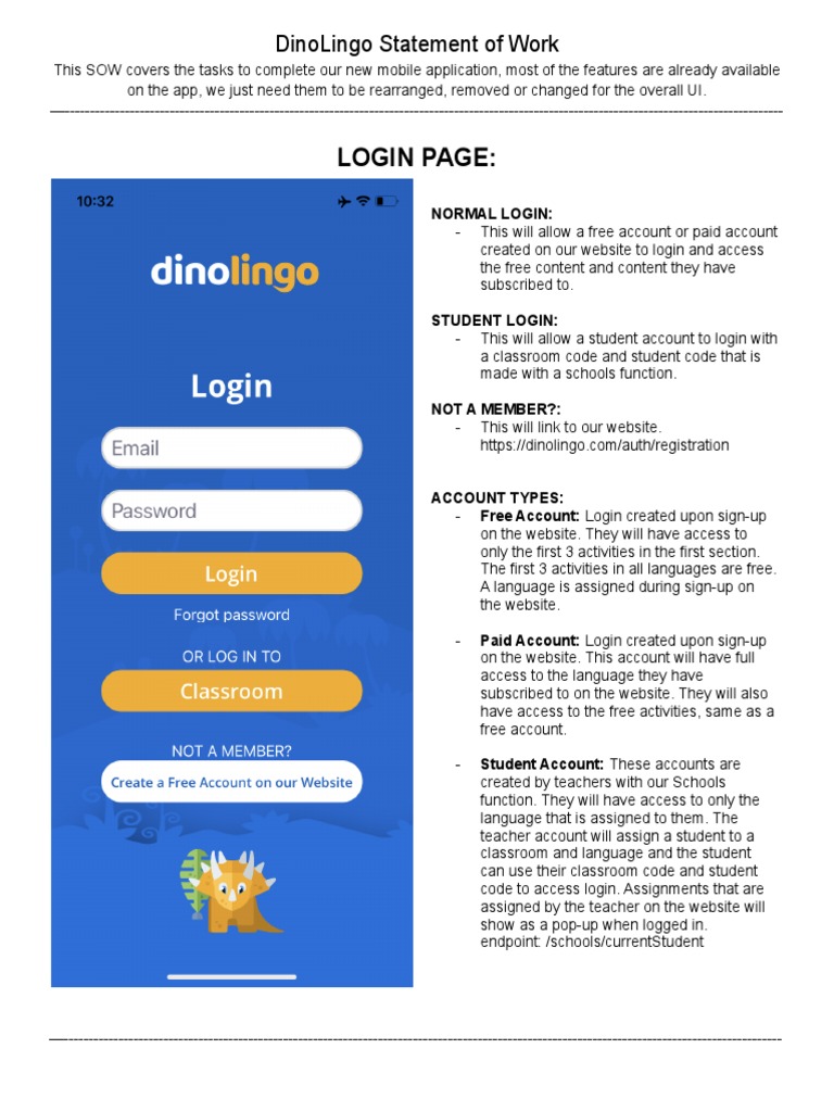 DinoLingo Statement of Work - Android App | PDF | Menu (Computing) | Icon (Computing)