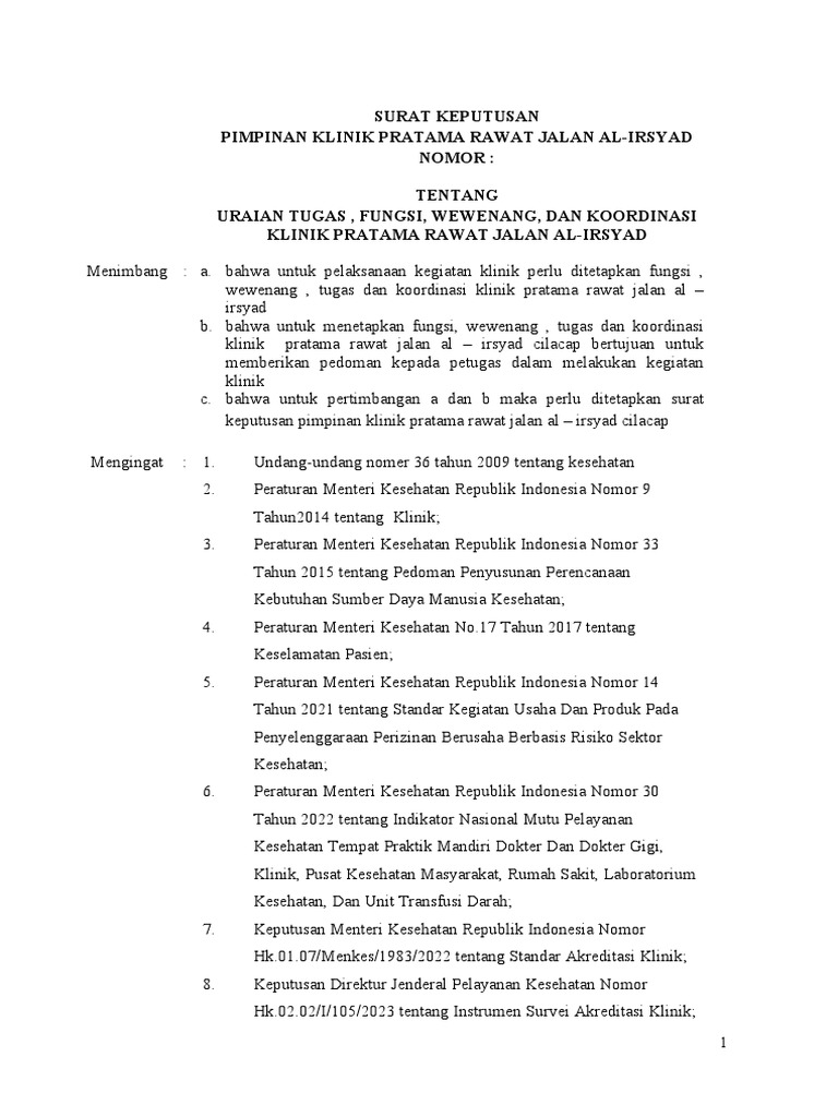 SK Uraian Tugas, Fungsi, Wewenang Klinik | PDF