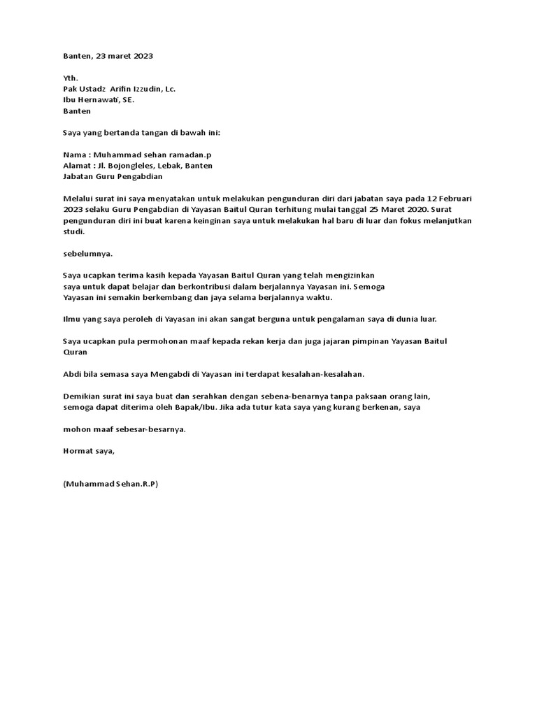 Contoh Surat Resign Karena Study | PDF