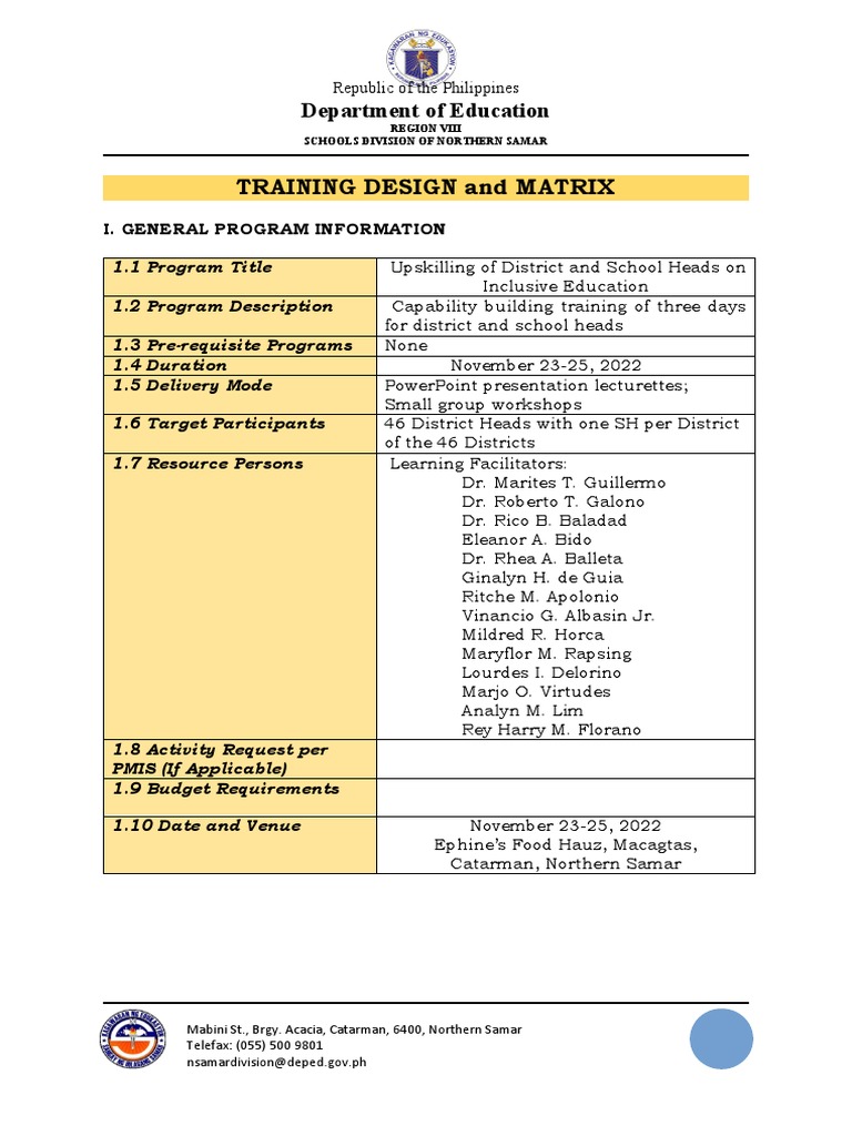 Training Design and Matrix For Inclusive | PDF | Learning