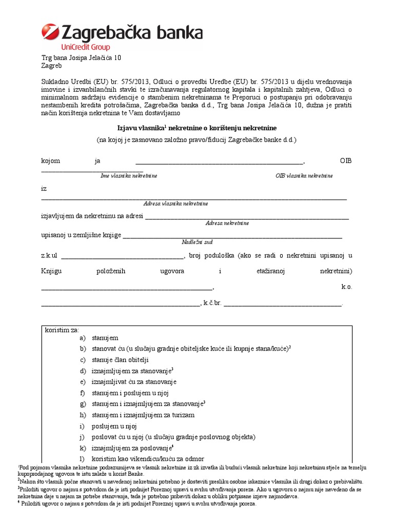 Izjavu Vlasnika Nekretnine o Korištenju Nekretnine | PDF