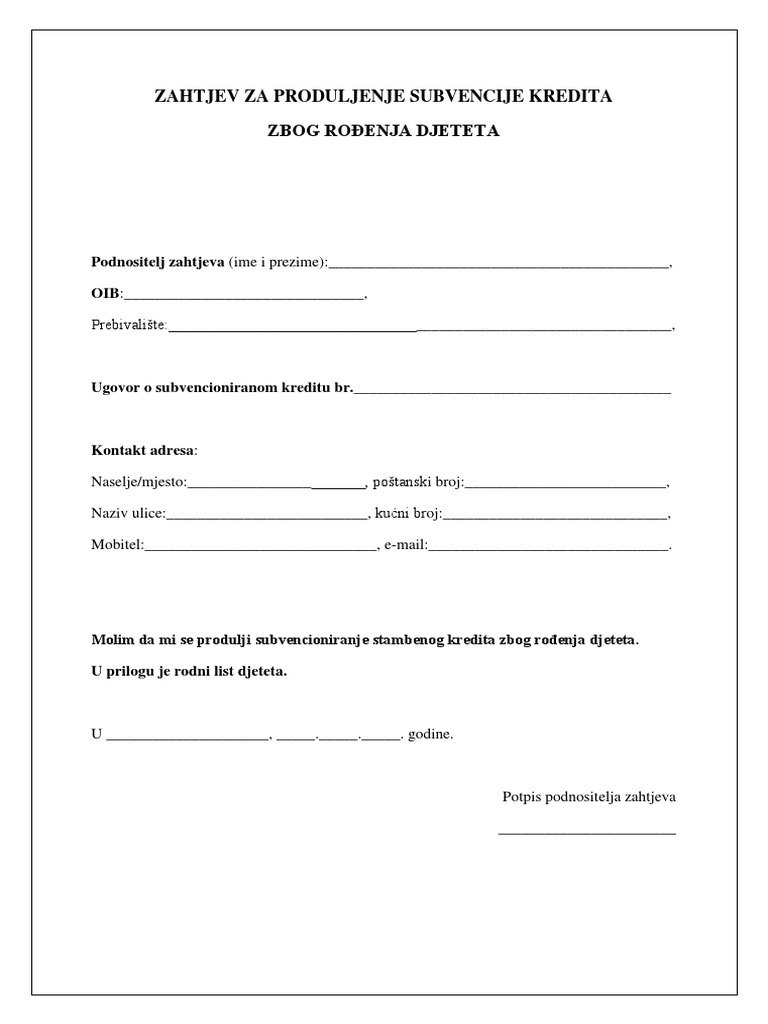 Zahtjev Za Produljenje Subvencije Kredita | PDF