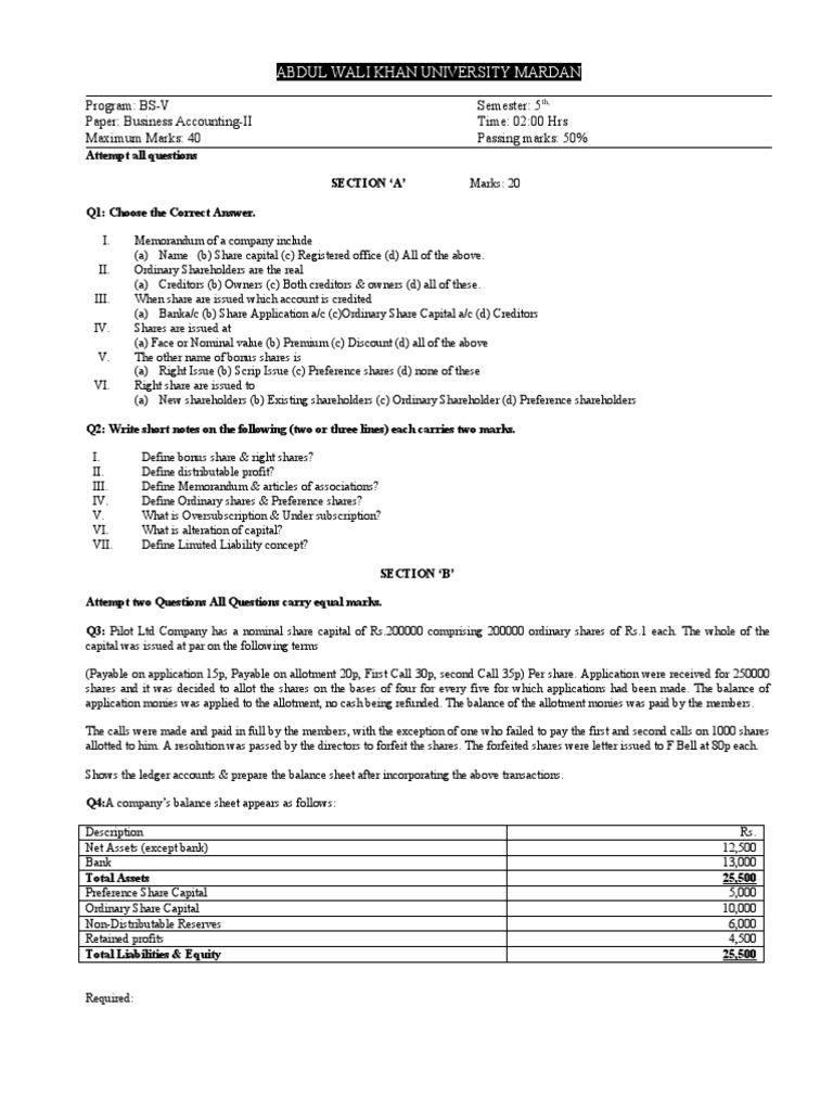 Business Accounting-Ii BS-V | PDF | Balance Sheet | Debits And Credits