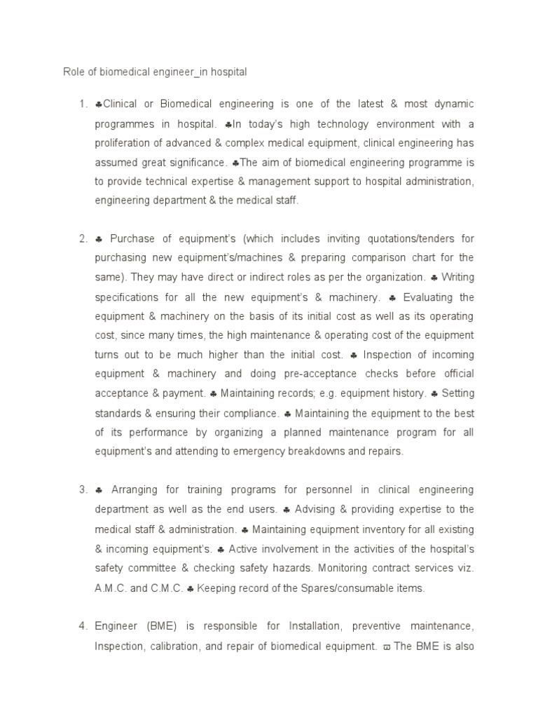 Roles of Biomedical Engineers in Hospitals | PDF | Biomedical ...