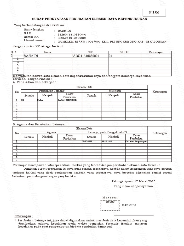 Perubahan Elemen Data Kependudukan | PDF