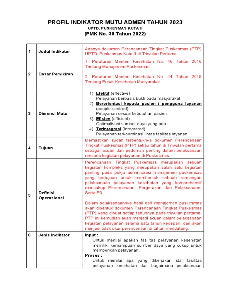 Indikator Mutu Manajemen Perencanaan | PDF