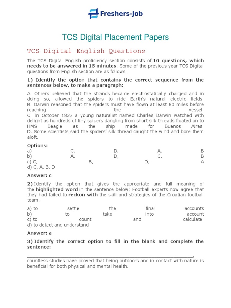 TCS Digital Placement Papers Overview | PDF