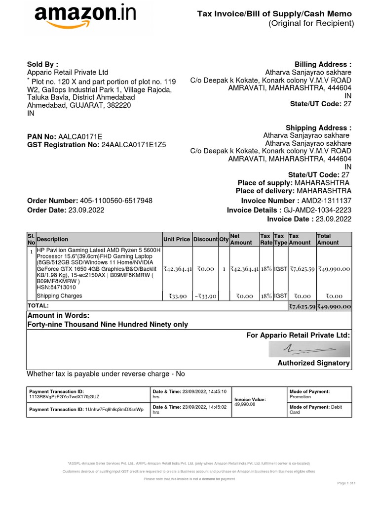 Tax Invoice for the Purchase of an HP Pavilion Gaming Laptop from Appario Retail Private Ltd ...