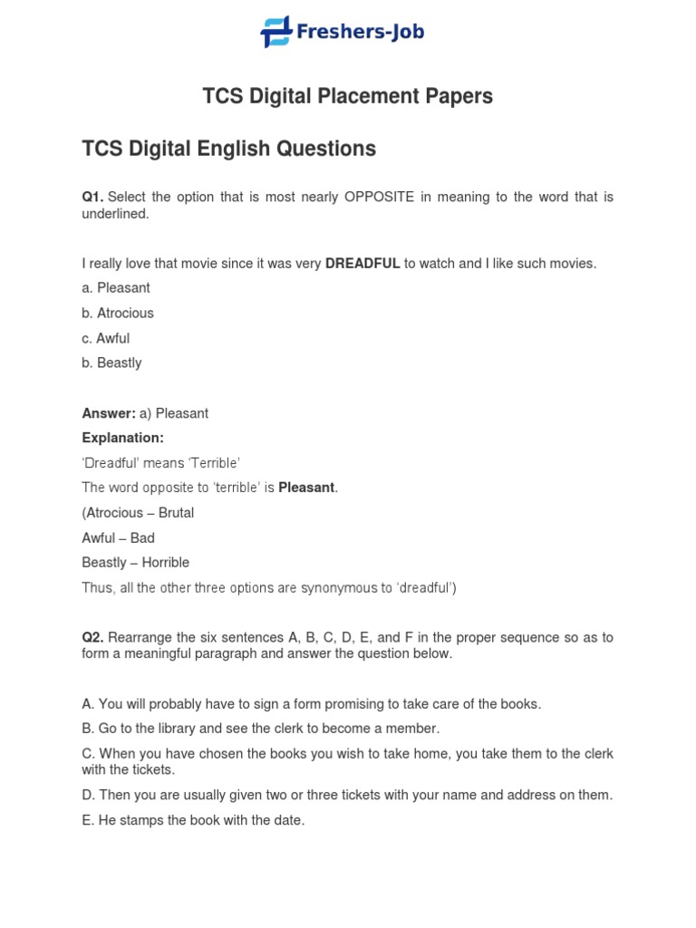 TCS Digital Placement Papers PDF | PDF | Linguistics | Grammar