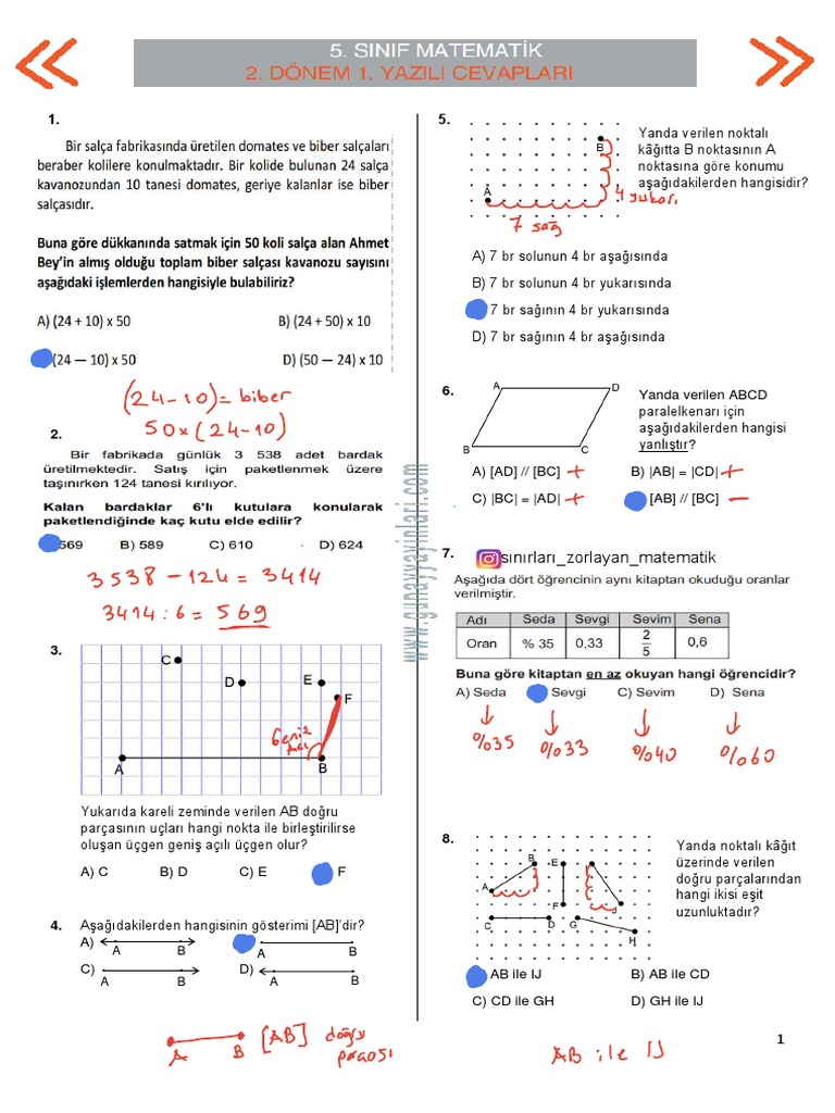 Gunay Yayinlari Matematik 5 Sinif 2 Donem 1 Yazili Cevaplari | PDF