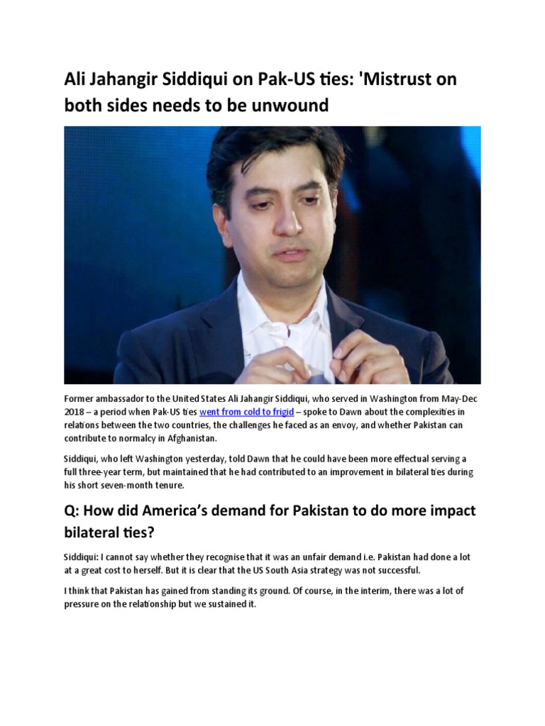 Ali Jahangir Siddiqui On Pak-US Ties 'Mistrust On Both Sides Needs To ...
