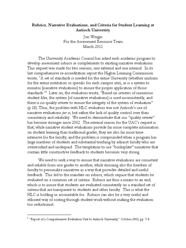 Rubrics Narrative Evaluations and Criteria For Student Learning at ...