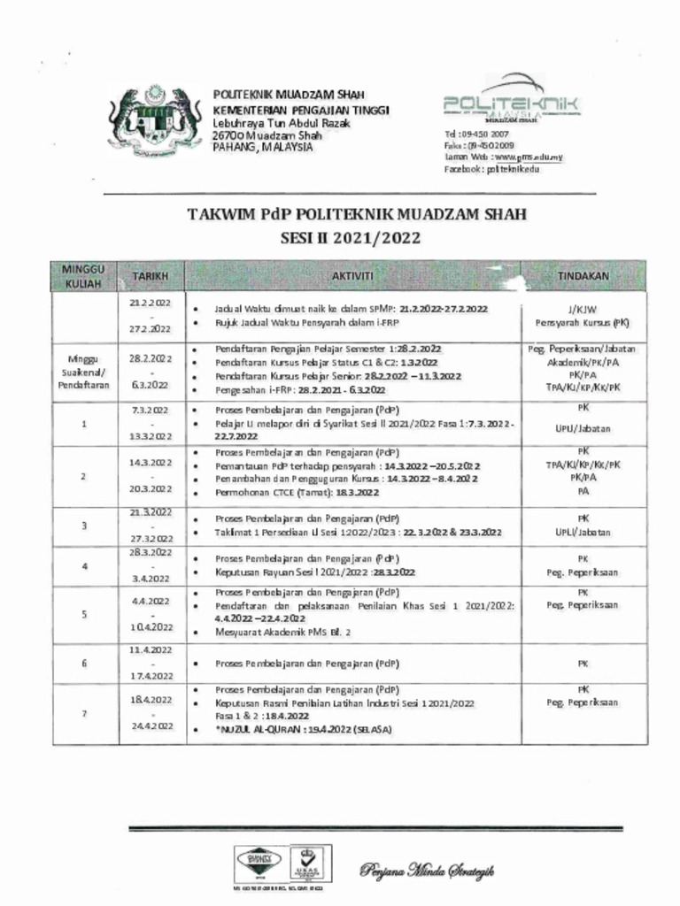 Takwim PDP Pms Sesi II 2021 - 2022 | PDF