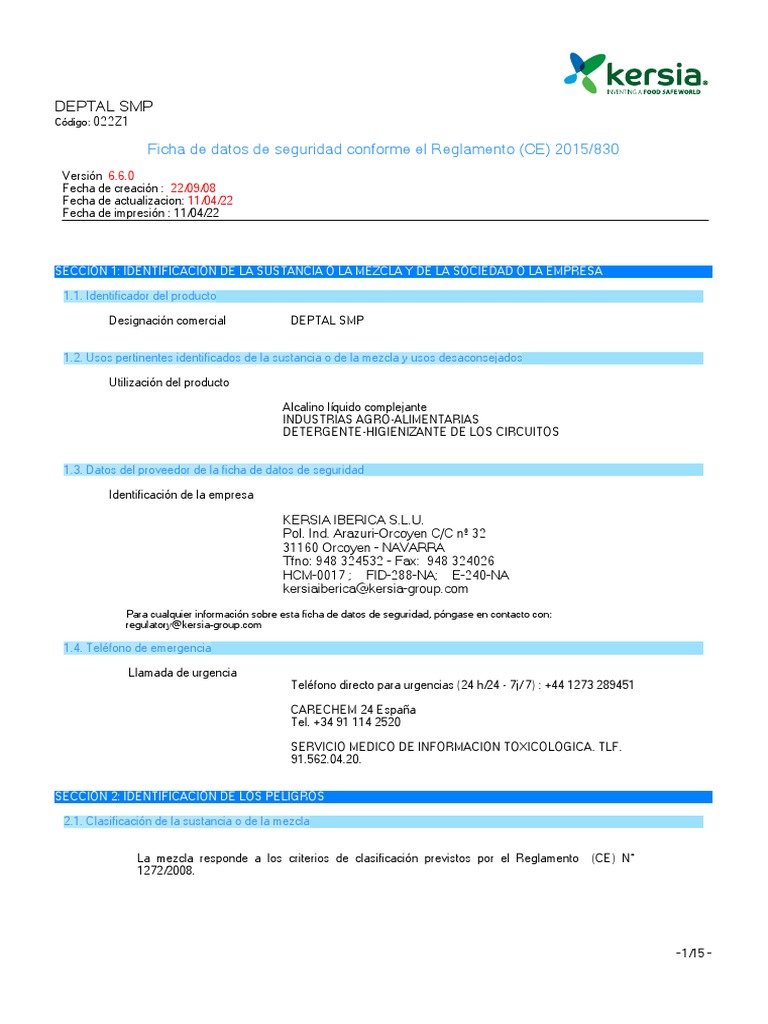 Ficha de Seguridad DEPTAL SMP | PDF | Quemar | Química