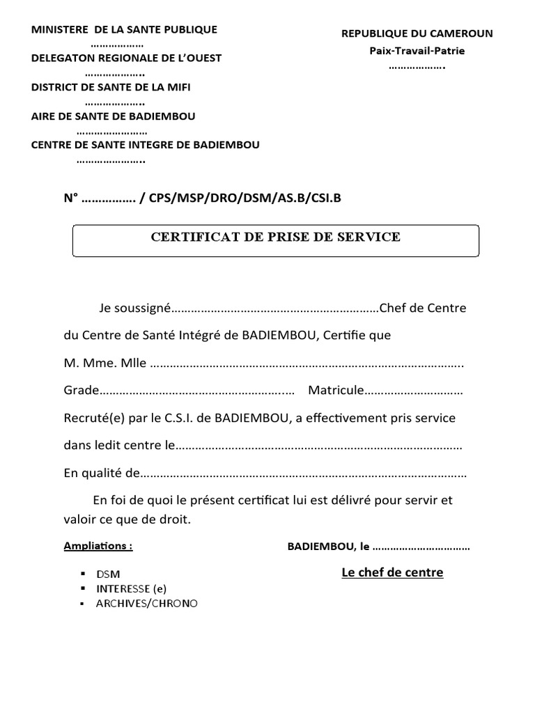 Certificat de Prise de Service | PDF | Finance et gestion monétaire