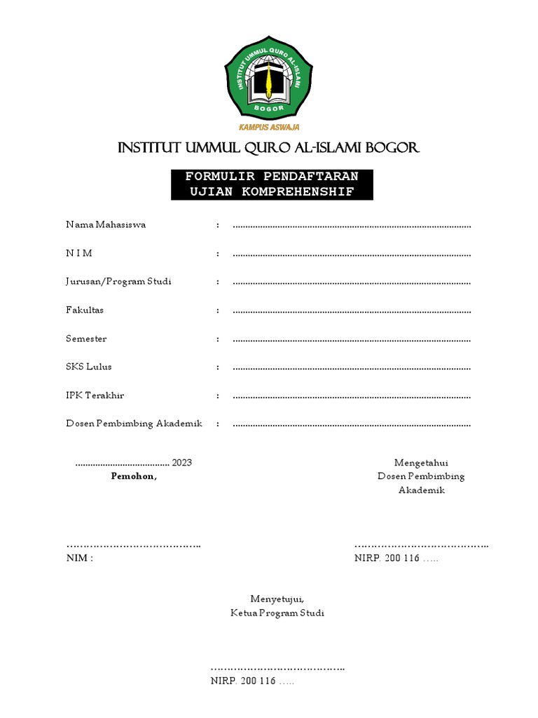 Form Kompre Institut Ummul Quro Al Islami | PDF