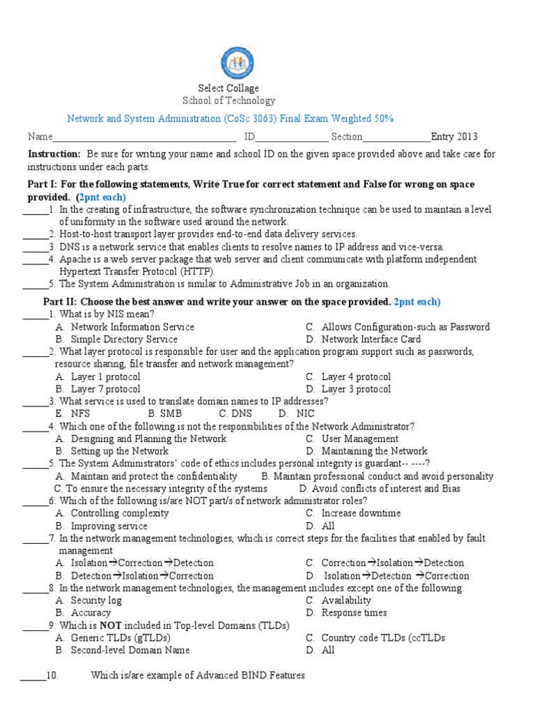 Network Admin Final Exam | PDF | Computer Network | Domain Name System