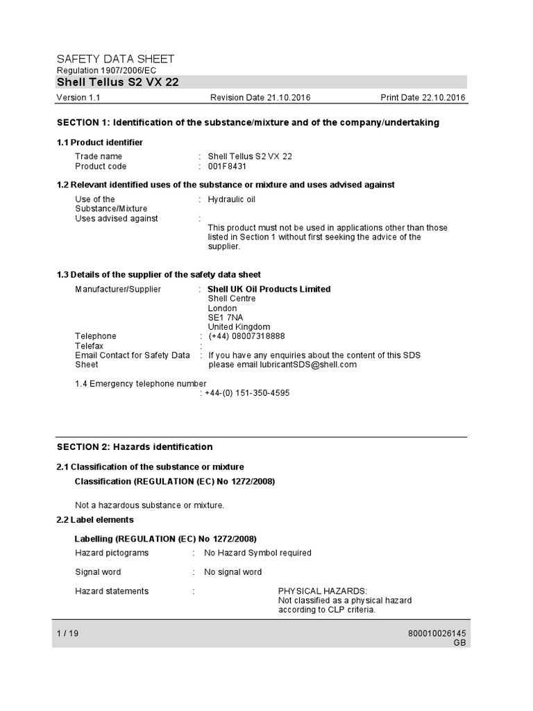 MSDS Shell Tellus S2 VX 22 | PDF | Dangerous Goods | Personal ...