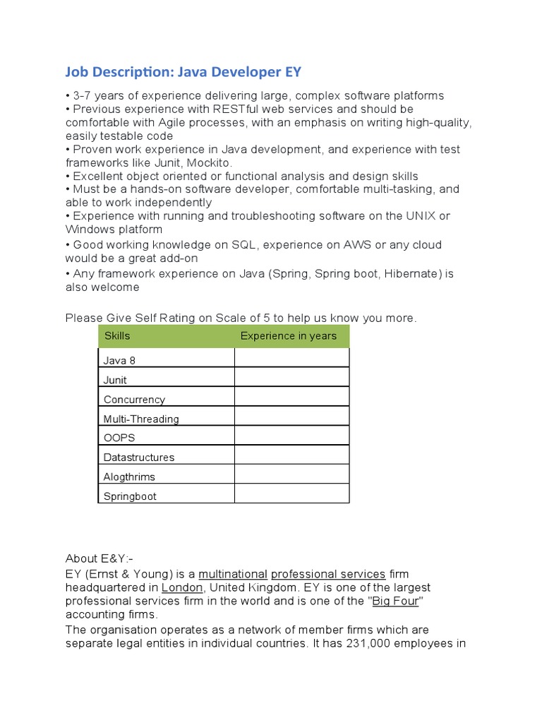 EY JAVA Developer - Job Description | PDF