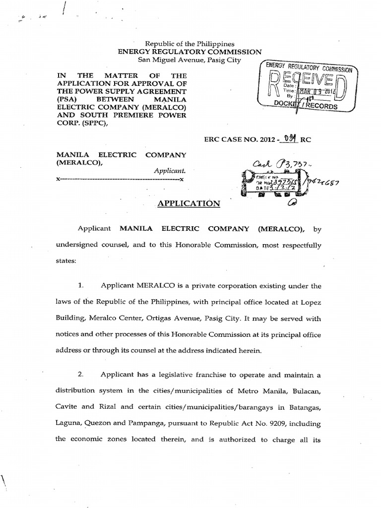 Application ERC CASE No. 2012-034 RC MERALCO PDF | PDF