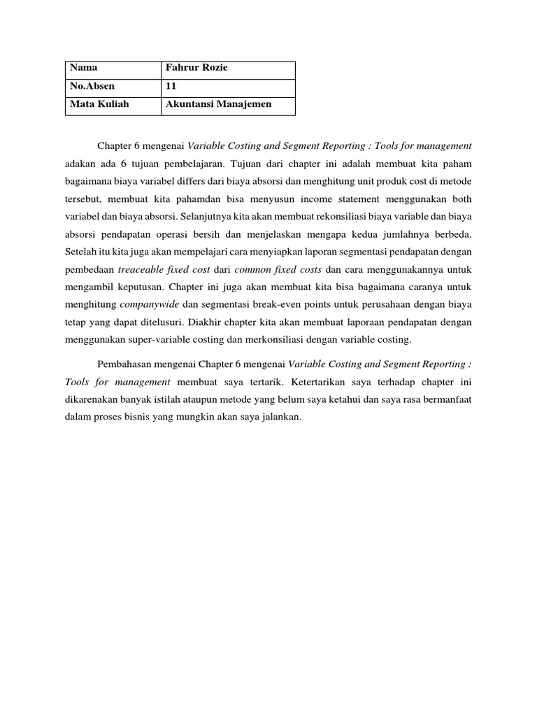 11 - Fahrur Rozie - Tugas Chapter 6 Variable Costing and Segment Reporting Tools For Management ...