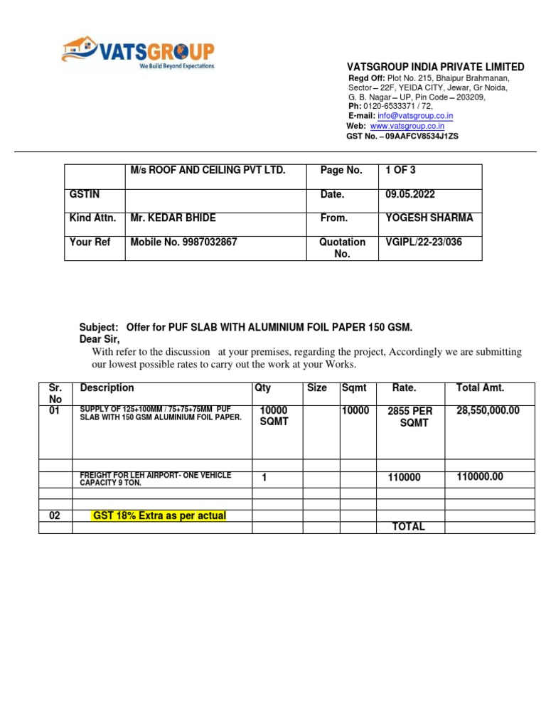 Quotation for PUF slab roofsandceiling -leh.pdf | PDF | Economies | Taxes