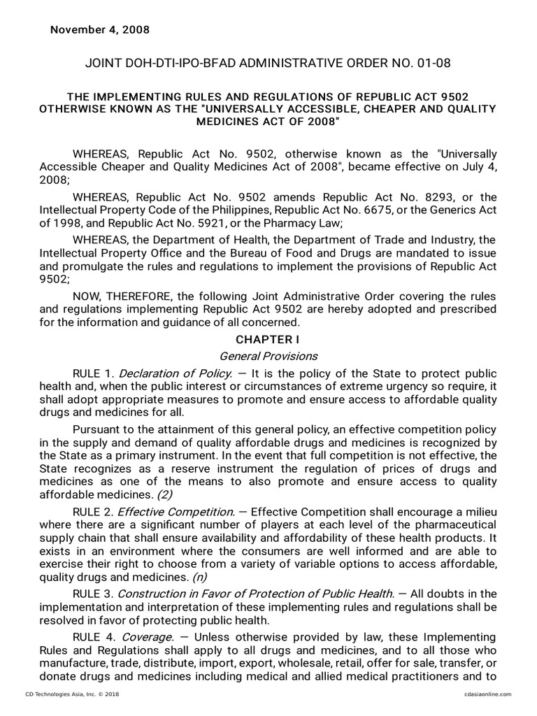 IRR of RA 9502 (Medicines Act of 2008) | PDF | Patent | Patent Infringement