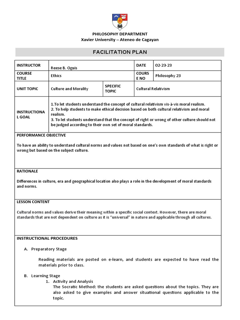 Facilitation Plan Template 1 | PDF | Morality | Relativism