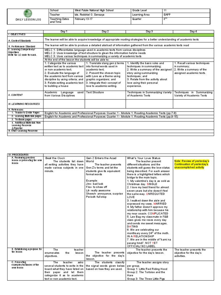 Q3 - Eapp - DLL Week 1 | PDF | Teachers | Concept