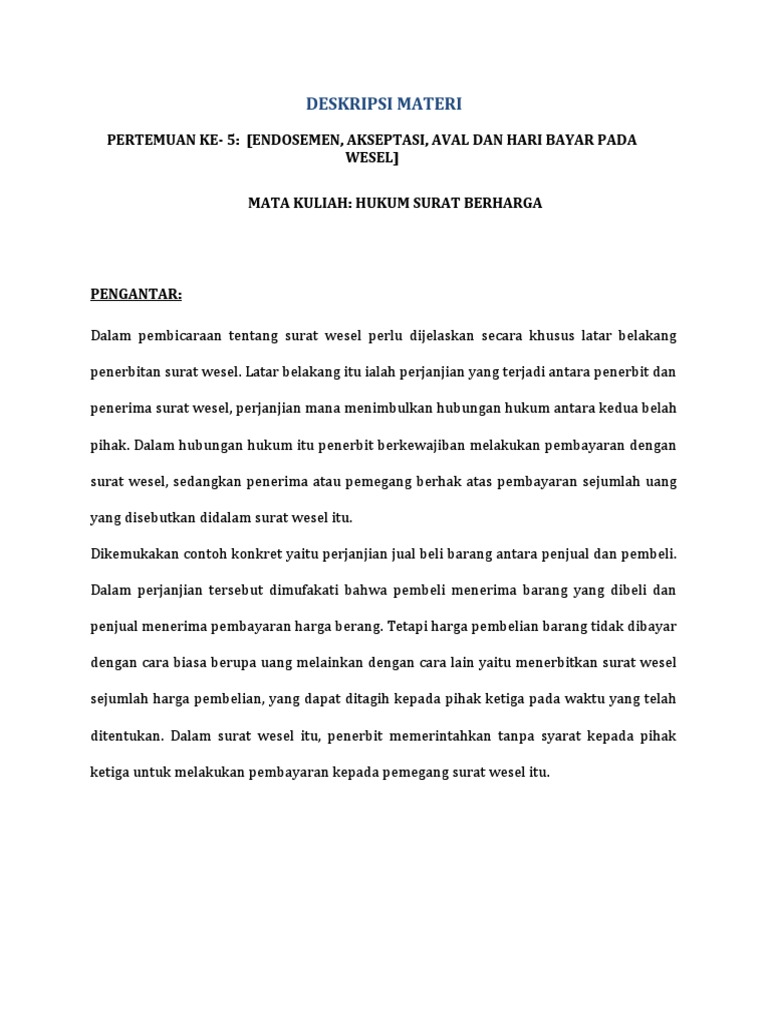 HUKUM SURAT BERHARGA 5 - Endosemen, Akseptasi, Aval Dan Hari Bayar Pada Wesel | PDF