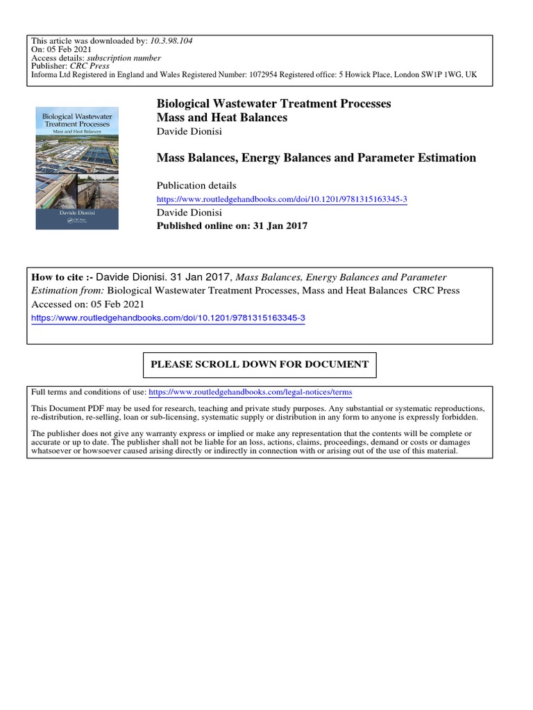 01 - Mass & Energy Balance WWT (CHP3) | PDF | Anaerobic Digestion | Carbonate