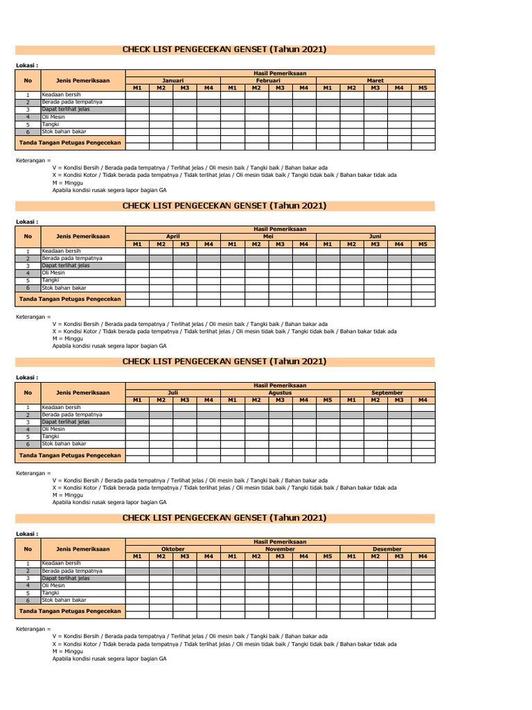 Checklist perawatan genset | PDF