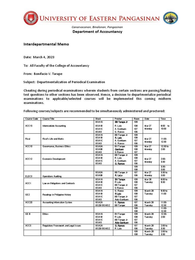 Departmentalized Exam Schedule | PDF | Accounting | Economies