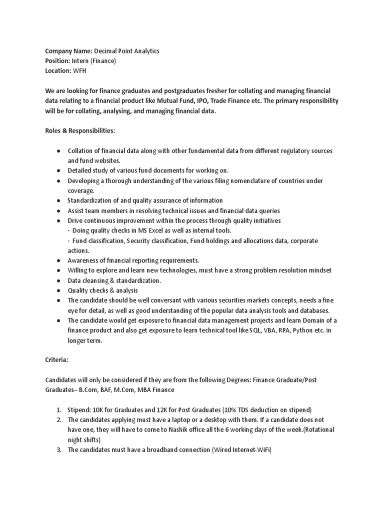 Decimal Point Analytics - Intern (Finance) PDF | PDF | Data | Analytics Decimal Point Analytics - Intern (Finance) PDF | PDF | Data | Analytics