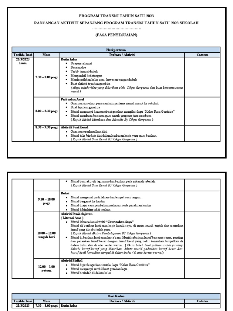 Jadual Program Transisi Tahun Satu 2023 by Cikgu Gorgeous | PDF