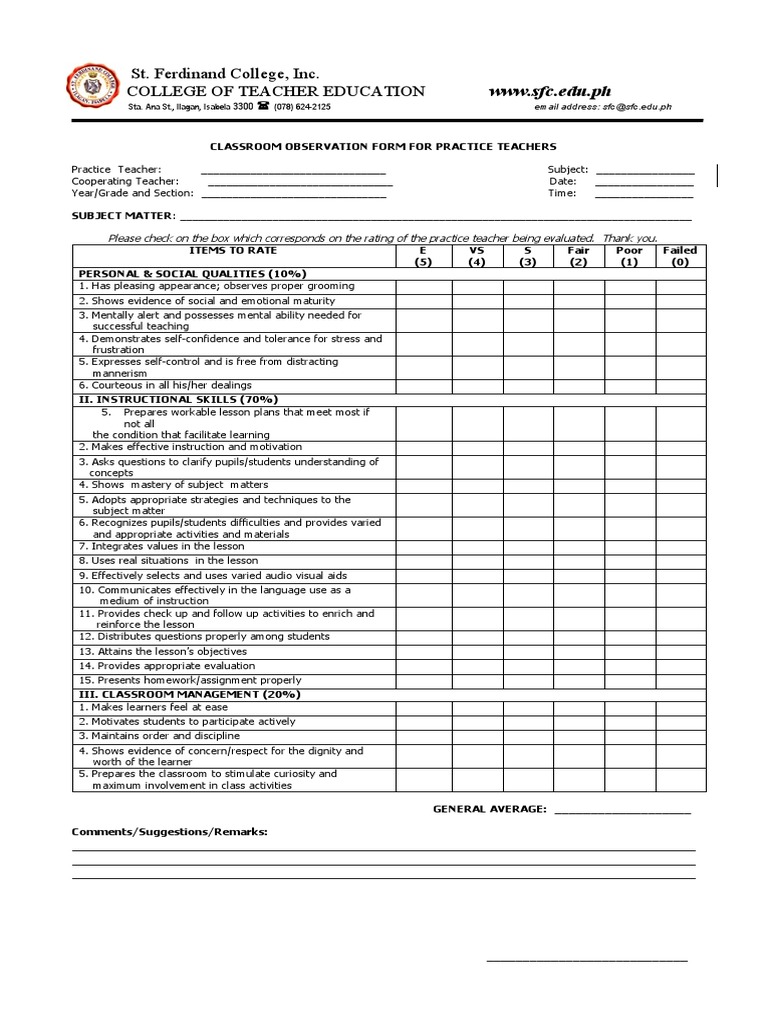 Classroom Evaluation Form For Practice Teachers SY 2022 2023 | PDF ...
