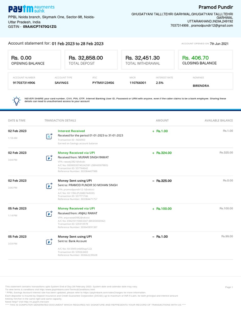 Paytm Bank Account Statement Summary | PDF | Deposit Account | Banks