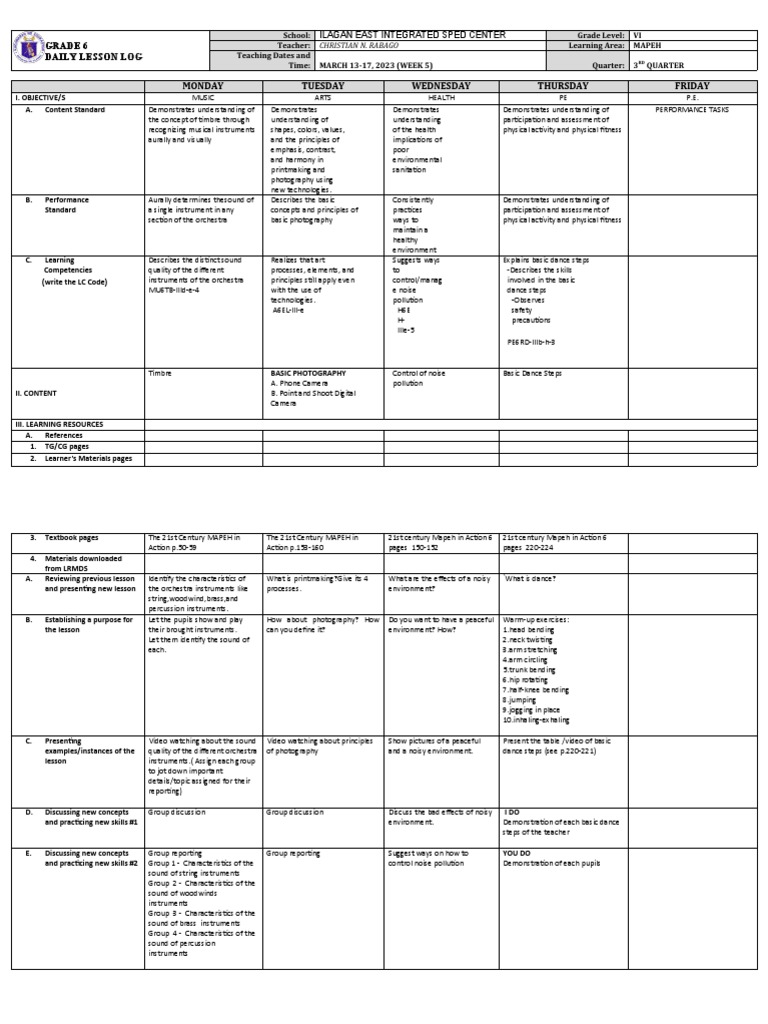 DLL - Mapeh 6 - Q3 - W5 | PDF | Physical Education