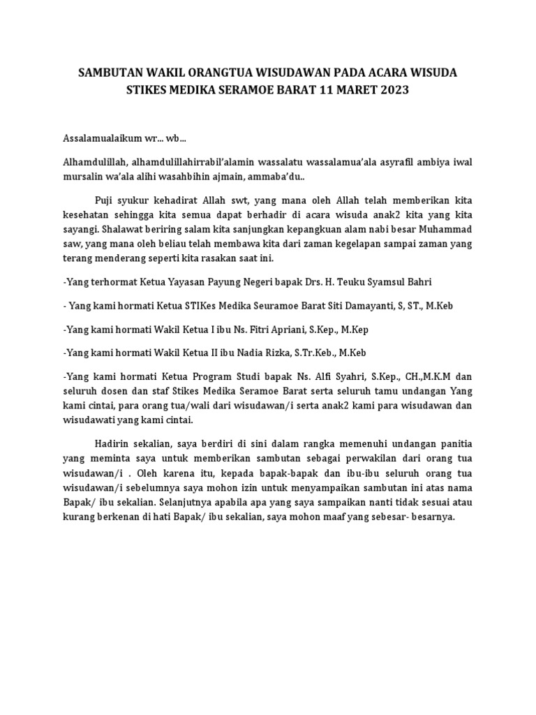 Kata Sambutan Orgtua Wisudawan | PDF