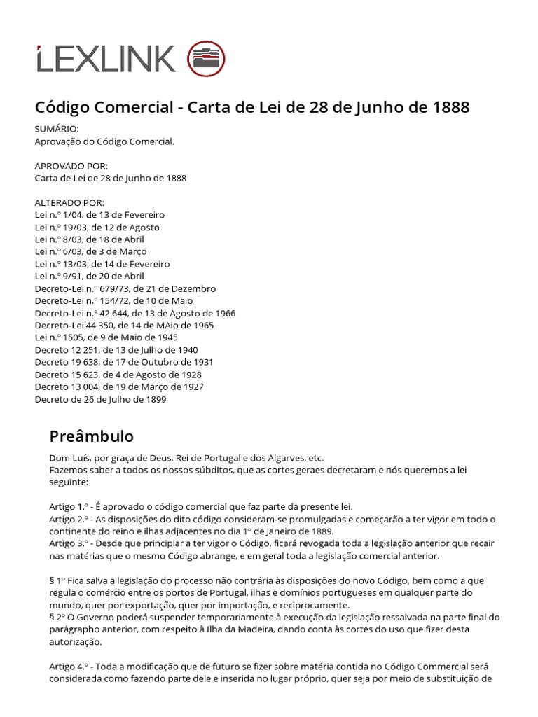 Código Comercial - Carta de Lei de 28 de Junho de 1888 PDF | PDF ...