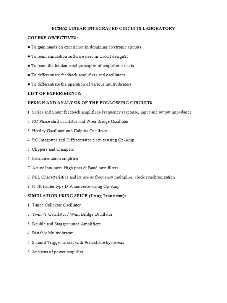 Ec3462 Linear Integrated Circuits Laboratory Course Objectives | PDF | Modulation | Electronic ...
