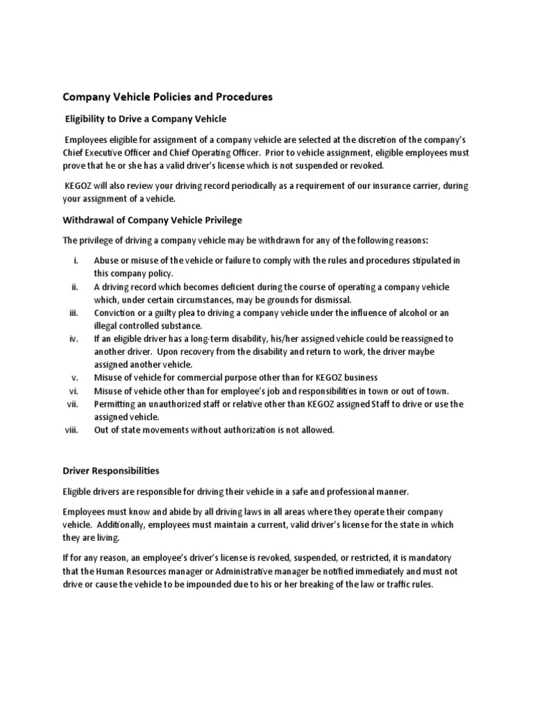 Company Vehicle Policies and Guidelines | PDF | Traffic Collision ...